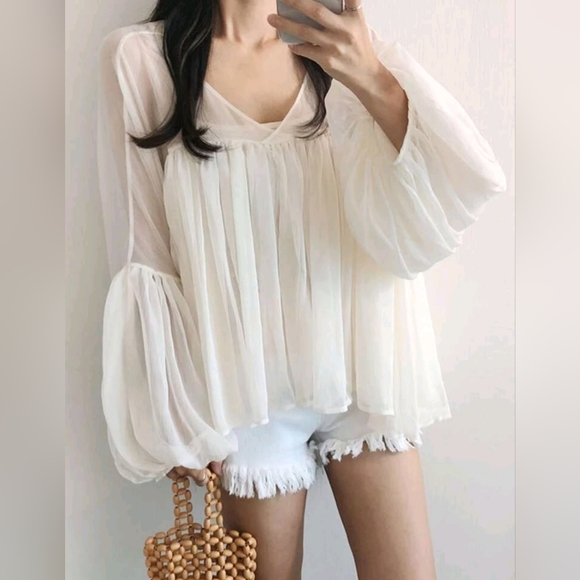 Tops | New Flowy Boho Sheer Peasant Top Blouse Ivory Off White | Poshmark